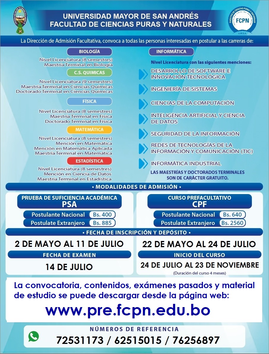 Facultad de Ciencias Puras - Vicerrectorado - Universidad Mayor de San ...